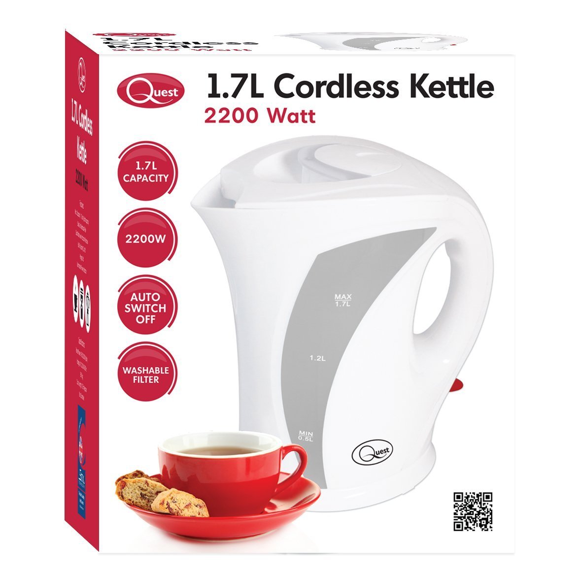 Quest 220 volts Electric Kettle 1.7 Liter white 2200 watts 220 240 volt