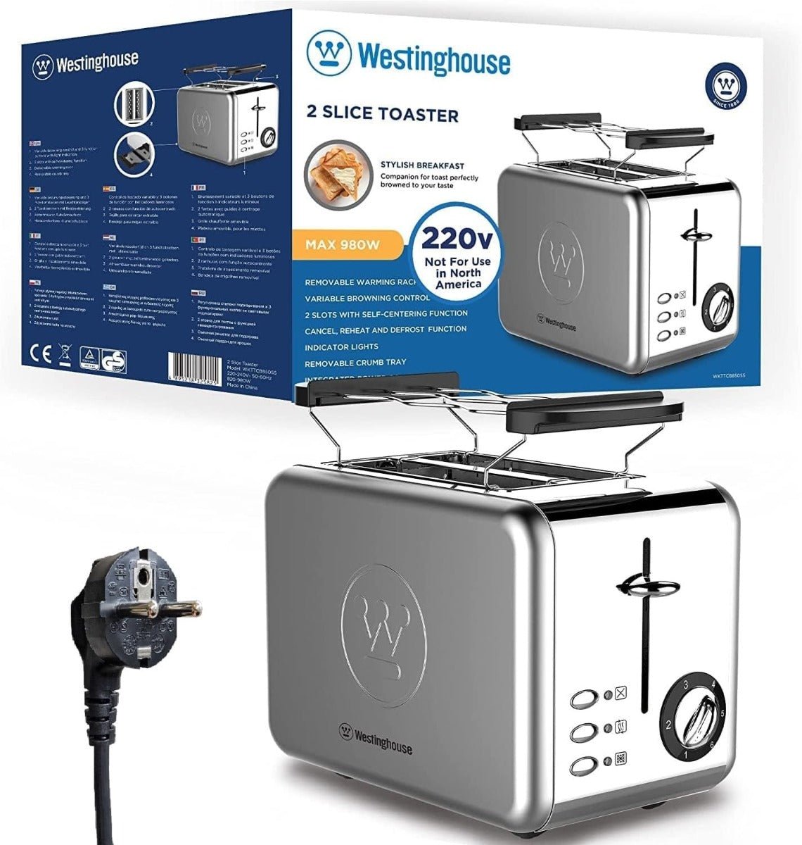 Westinghouse 220 Volt Toaster Stainless Steel 2 Slice Removable Warmin